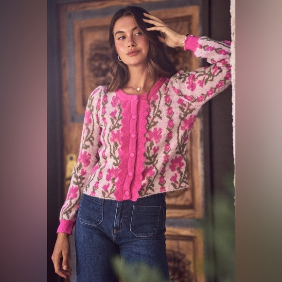 Anthropologie | Tops | Fuchsia Pink Floral Intarsia Puff Striped Sleeve ...